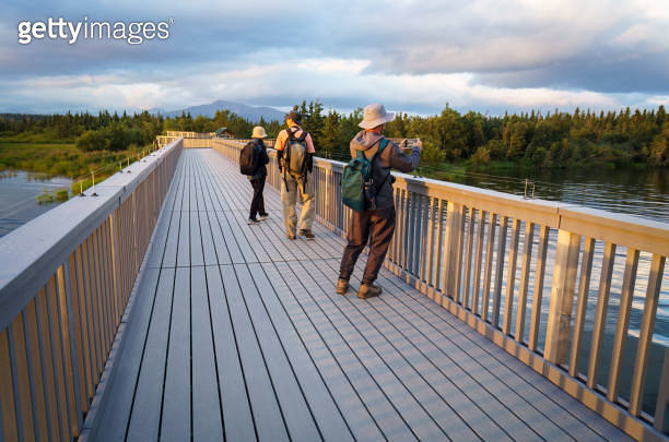 Tourists taking photos on the bridge over Brooks River. Katmai National ...