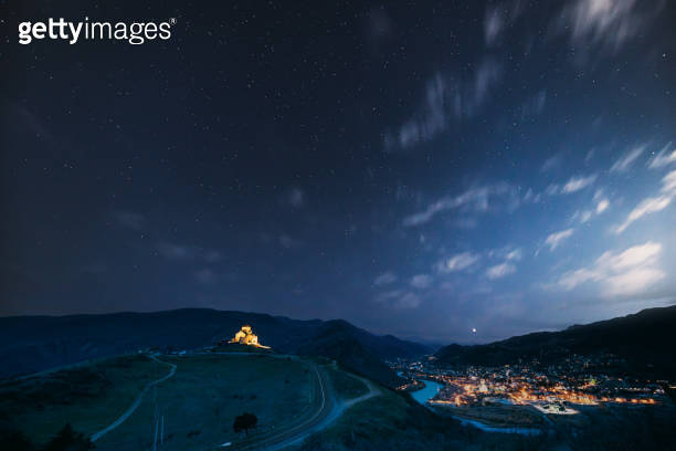 Mtskheta, Georgia. Ancient Jvari, Georgian Orthodox Monastery In Night ...