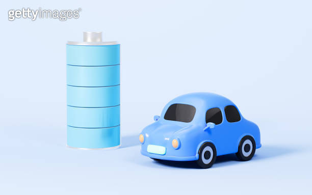 Cartoon battery and car, electric vehicle charging concept, 3d ...