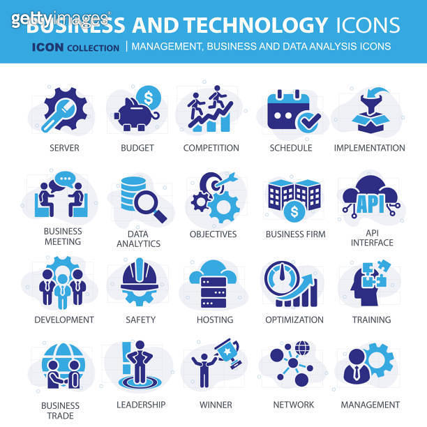 Business, data analysis, organization management and technology icon ...