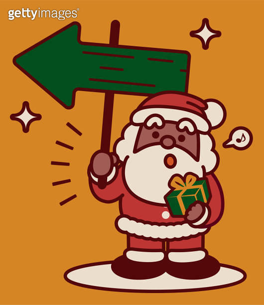 Adorable black Santa Claus carrying a Christmas present and holding an ...