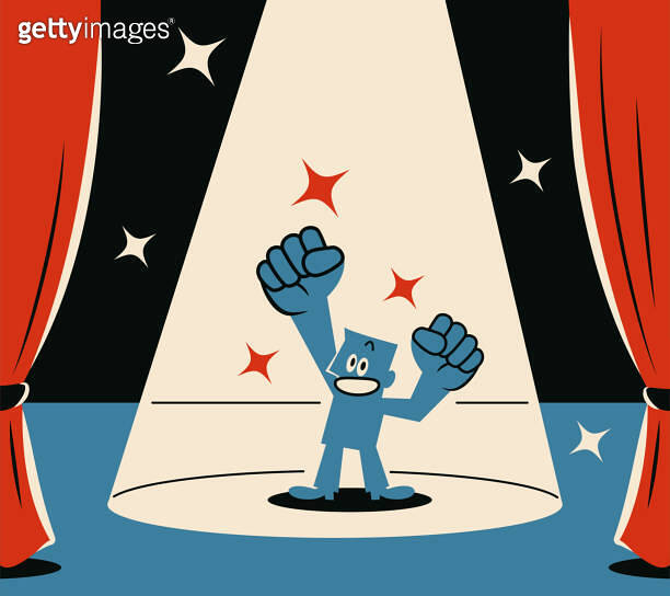 A smiling blue man was punching the air in triumph on stage with a ...