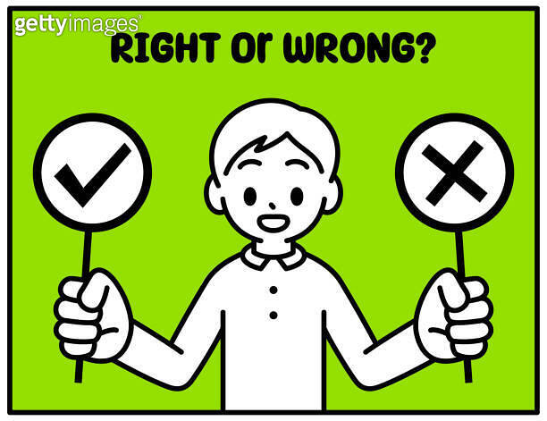 A boy with Right and Wrong Signs, true-false questions, and yes-no ...