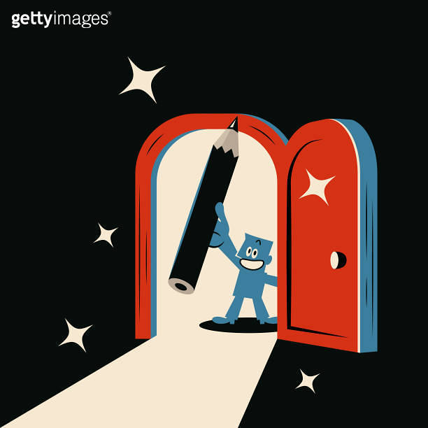 A smiling blue man opens the door and shows a big pencil 이미지 ...