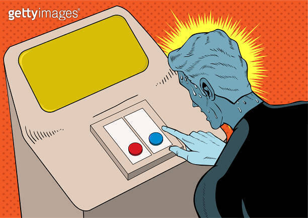 Vector Pop Art Sweating Superhero Choosing Button Meme Stock ...