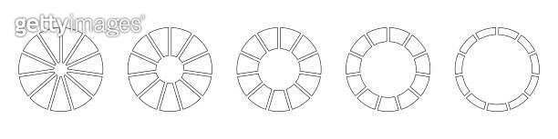 Wheels round divided in ten sections. Outline donut charts or pies ...