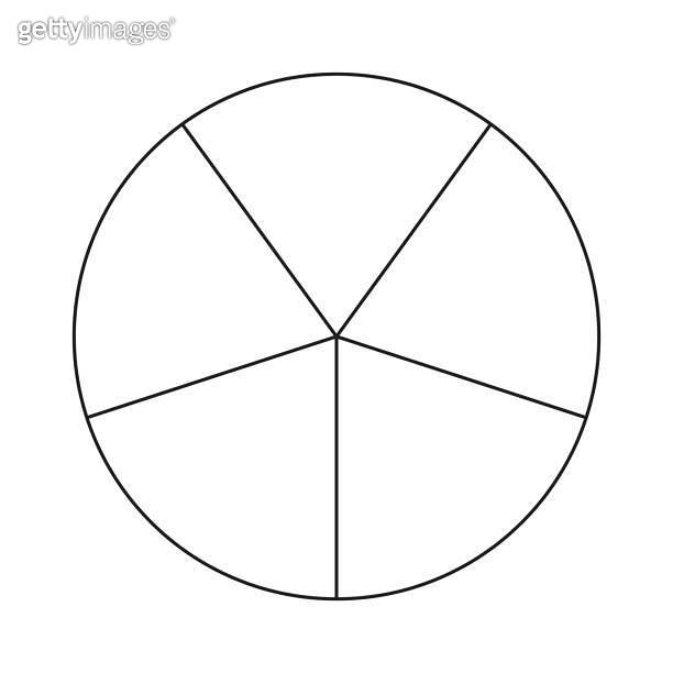 Circle divided in 5 segments. Pizza or pie round shape cut in equal slices. Outline style ...
