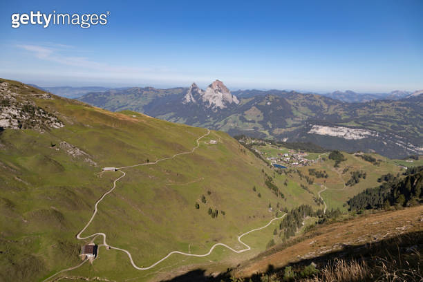 High angle view of the valley of Stoos with mountains Grosser Mythen ...