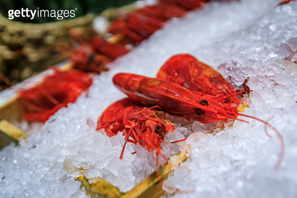 Fresh raw red prawns on ice at a high end restaurant, Beverly Hills ...
