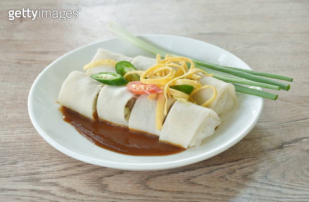 fresh Chinese spring roll made from flour wrapped tofu and pork with ...