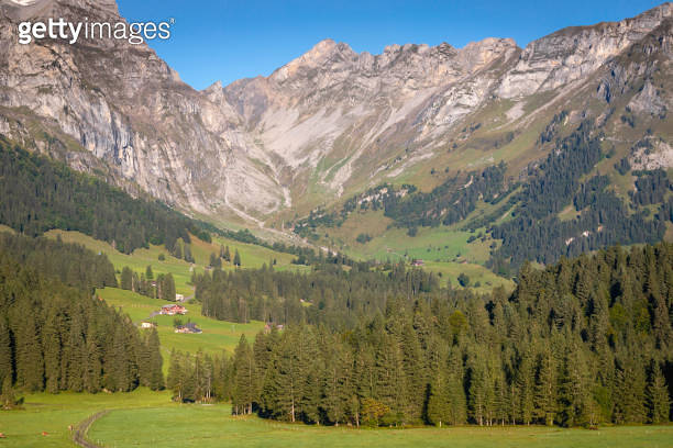 Alpine Engelberg countryside with farms and barns from above in swiss ...