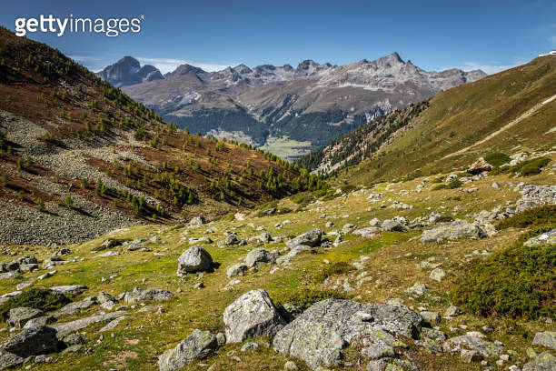 Alpine Landscape in Muottas Muragl, Engadine Valley, Graubunden, Swiss ...