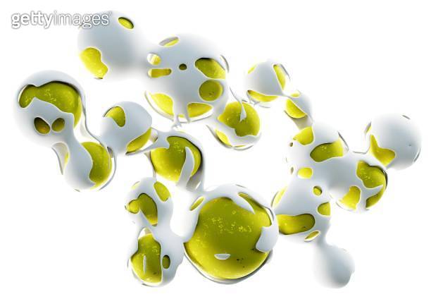 alien structure made of yellow metal spheres and flowing white liquid ...