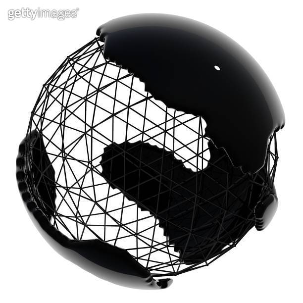 black icosphere, triangular mesh ball covered with black flowing matter ...
