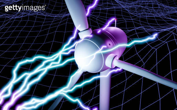 Wind power generation, blades glowing purple with lightning and ...