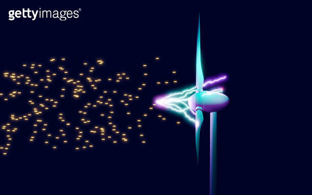 Gold glowing particles indicating wind flow and blades glowing purple ...