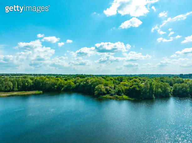 Drone view of Linford Lakes Nature Reserve in Milton Keynes, England ...