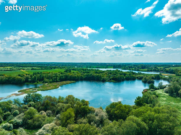 Drone view of Linford Lakes Nature Reserve in Milton Keynes, England ...