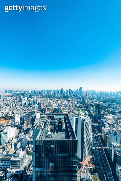 Modern city skyline bird eye aerial view of Shinjuku & Shibuya area ...