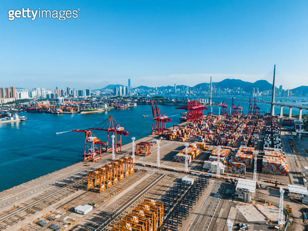 Aerial View of container ship terminal in Hong Kong, China Hong kong ...