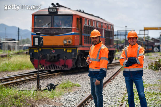 Engineer railway under checking construction process train testing and ...