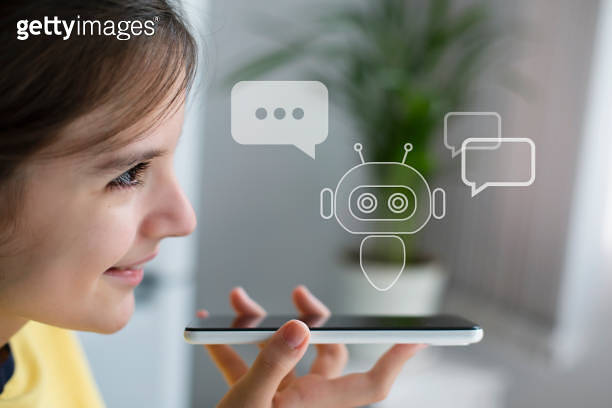 Smiling girl using system AI Chatbot in computer or mobile application ...