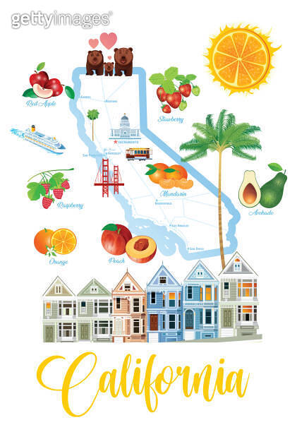 Cartoon map of California (1700953880) 일러스트, 무료 일러스트 - 게티이미지뱅크