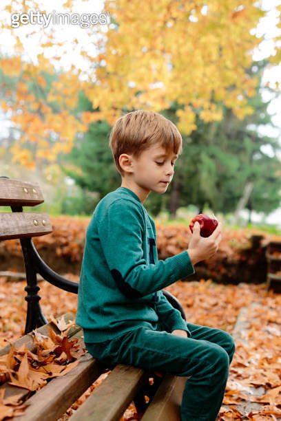 Little boy sitting on the bench and eating apple as a snack 이미지 ...