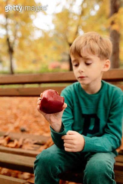 Boy sitting on a bench in the park and eating apple as a snack 이미지 ...
