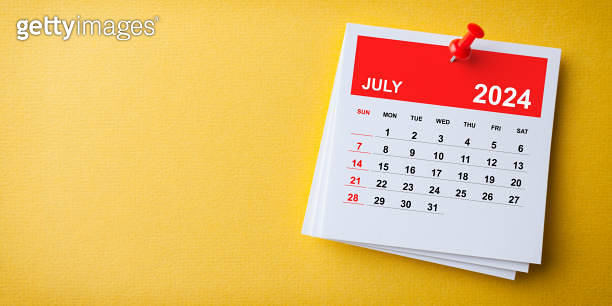 White Sticky Note With 2024 July Calendar And Red Push Pin On Yellow ...