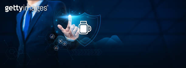 Businessman hand touch beverage protection shield with safety icons ...