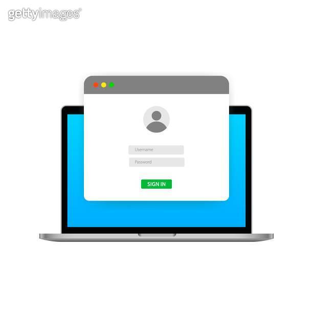 Login to account mockup. Flat, color, laptop screen, username and ...