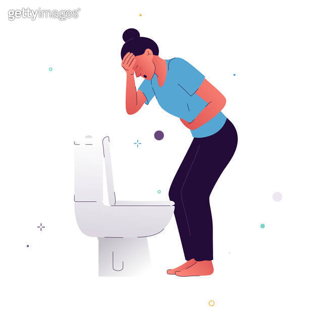 Vector illustration of a woman who stands over the toilet, holding her ...