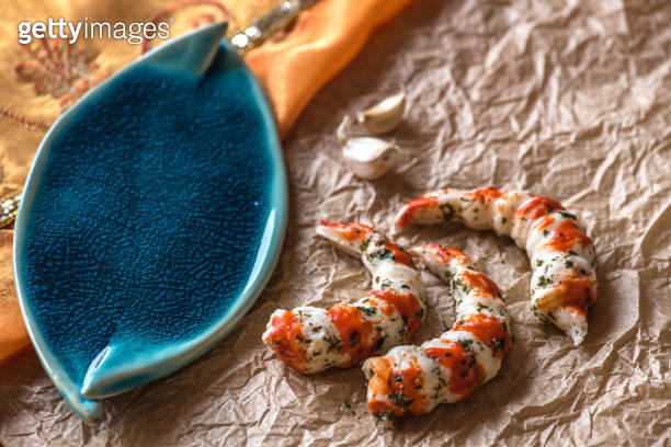 Surimi (Traditional Asian Food) in a Shape of Shrimp Served on Handmade ...