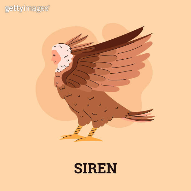 Siren mythical creature, card with name, flat vector illustration ...
