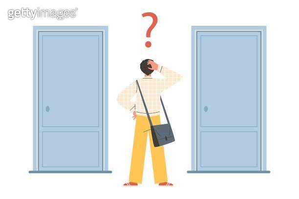 Man choosing between two doors, flat vector illustration isolated on ...