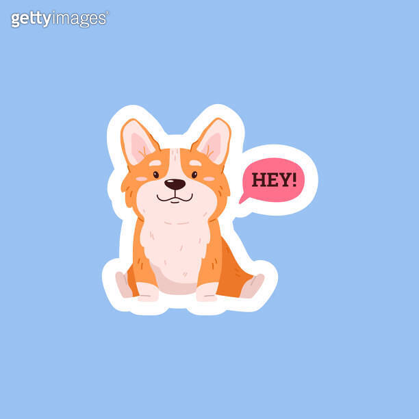Sitting lovely corgi dog saying Hey, flat cartoon vector illustration ...