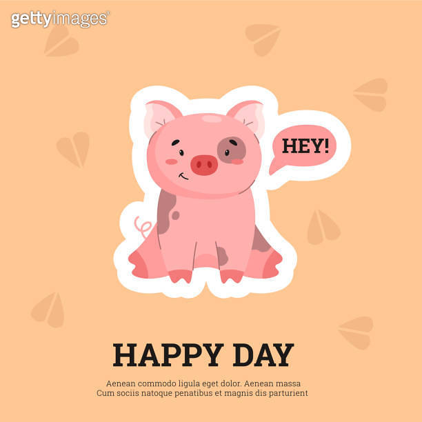 Squared banner with sitting smiling pig saying hey flat style ...