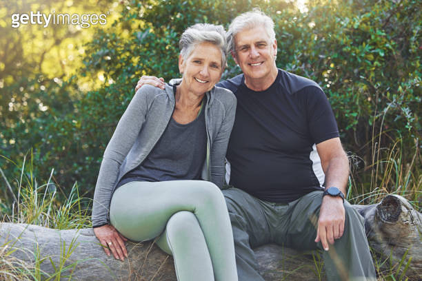 Fitness, portrait or old couple in nature for hiking workout, walking ...