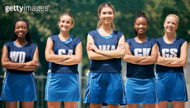 Sport, fitness and girl netball team portrait on the court, teamwork ...