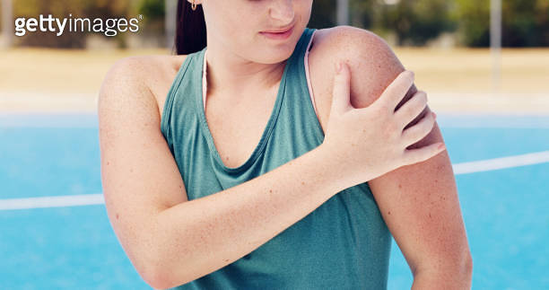 Fitness injury, shoulder and woman with pain while training, exercise ...