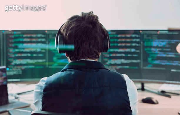 Coding, computer screen with man, programmer and web design, software ...