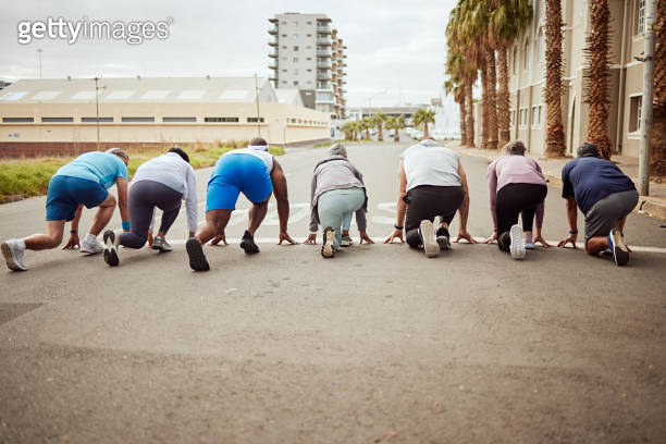 Start, fitness or people in marathon race with performance goals in ...