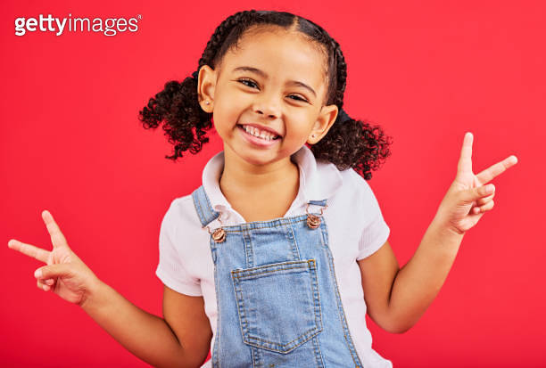 Happy, peace sign and portrait of girl smile on red background with ...