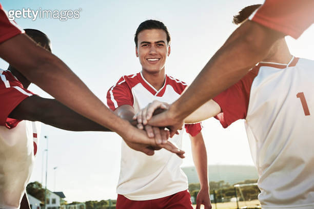 Men soccer team, huddle and hands in support, collaboration and ...