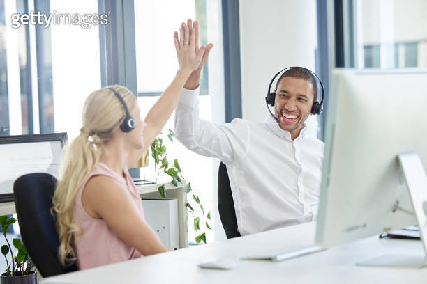 Call center, high five and crm business office employees excited about ...
