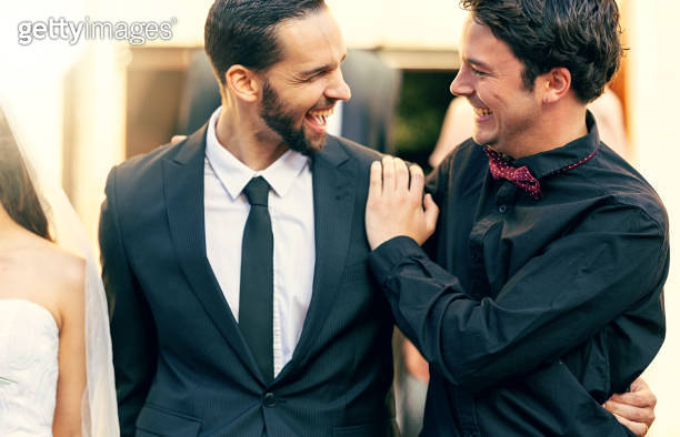 Wedding, groom and friends with a best man and male on a marriage day ...