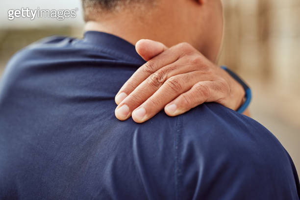 Fitness, back pain and man with hand on shoulder muscle for support ...