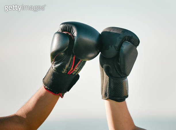 Boxer, boxing gloves and friends fist bump in celebration ...