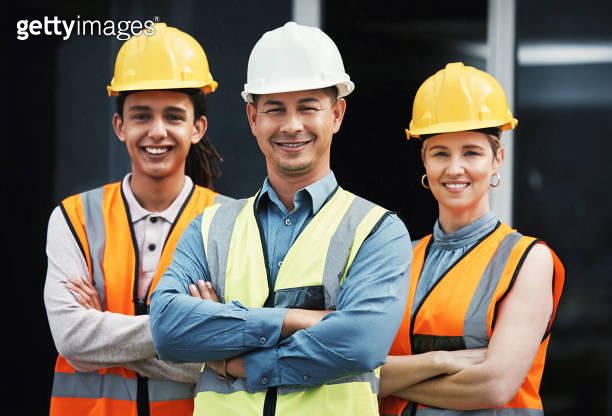 Engineering group portrait, smile and city for architecture ...